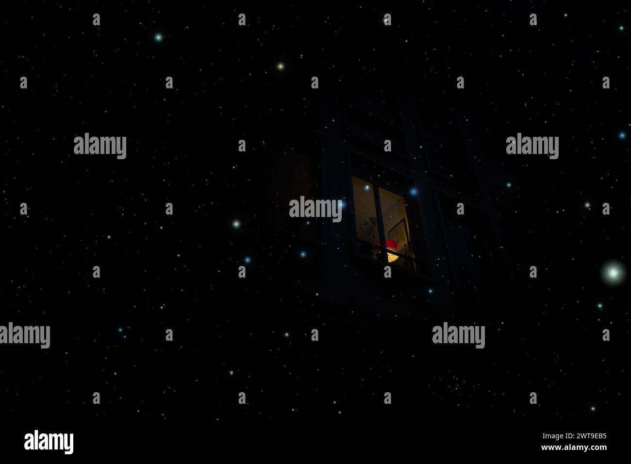 A window set against a dark sky filled with twinkling stars, casting a ...