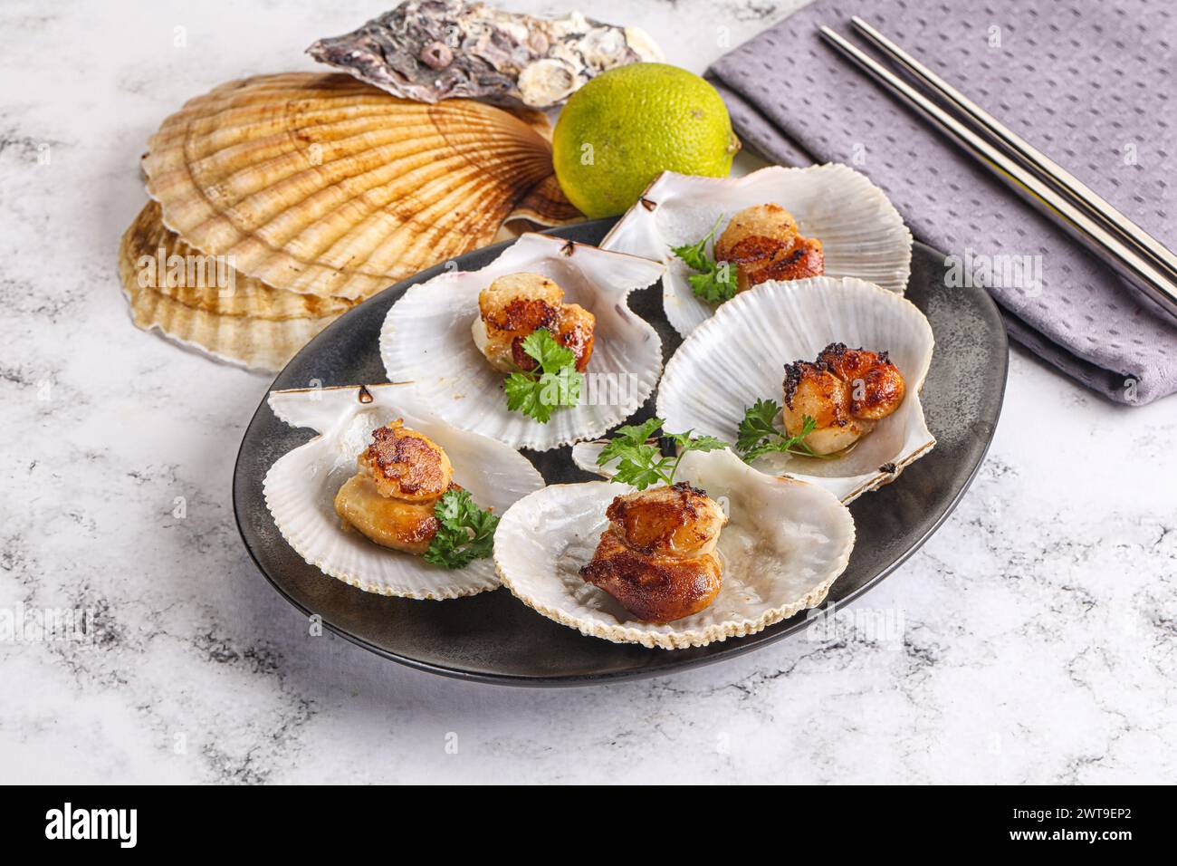 Grilled scallops shell with butter and parsley Stock Photo - Alamy