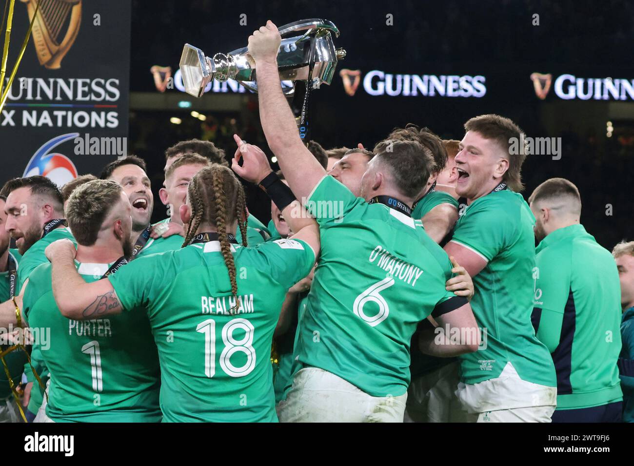 The Irish team celebrate with the Six Nations trophy after defeating ...