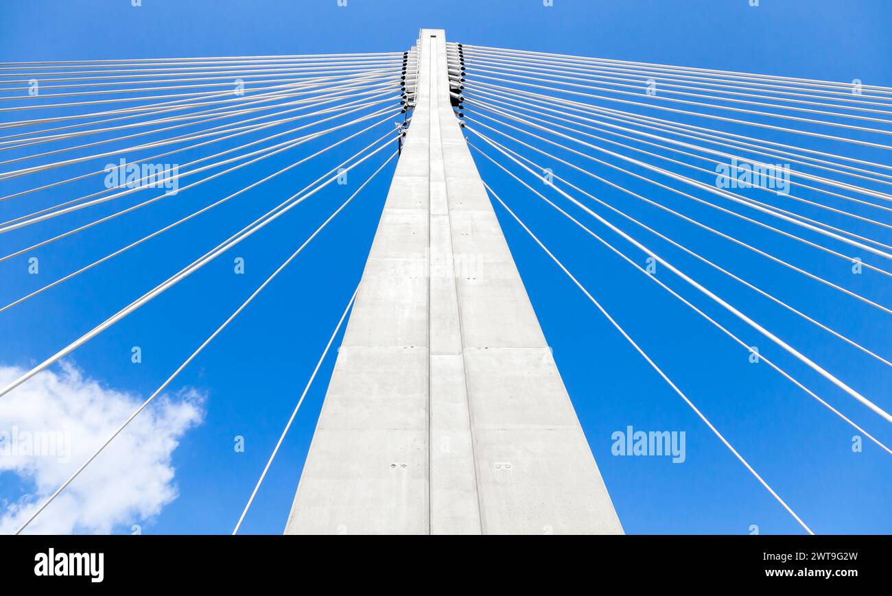 Steel cables of Swietokrzyski bridge over the Vistula river in Warsaw ...