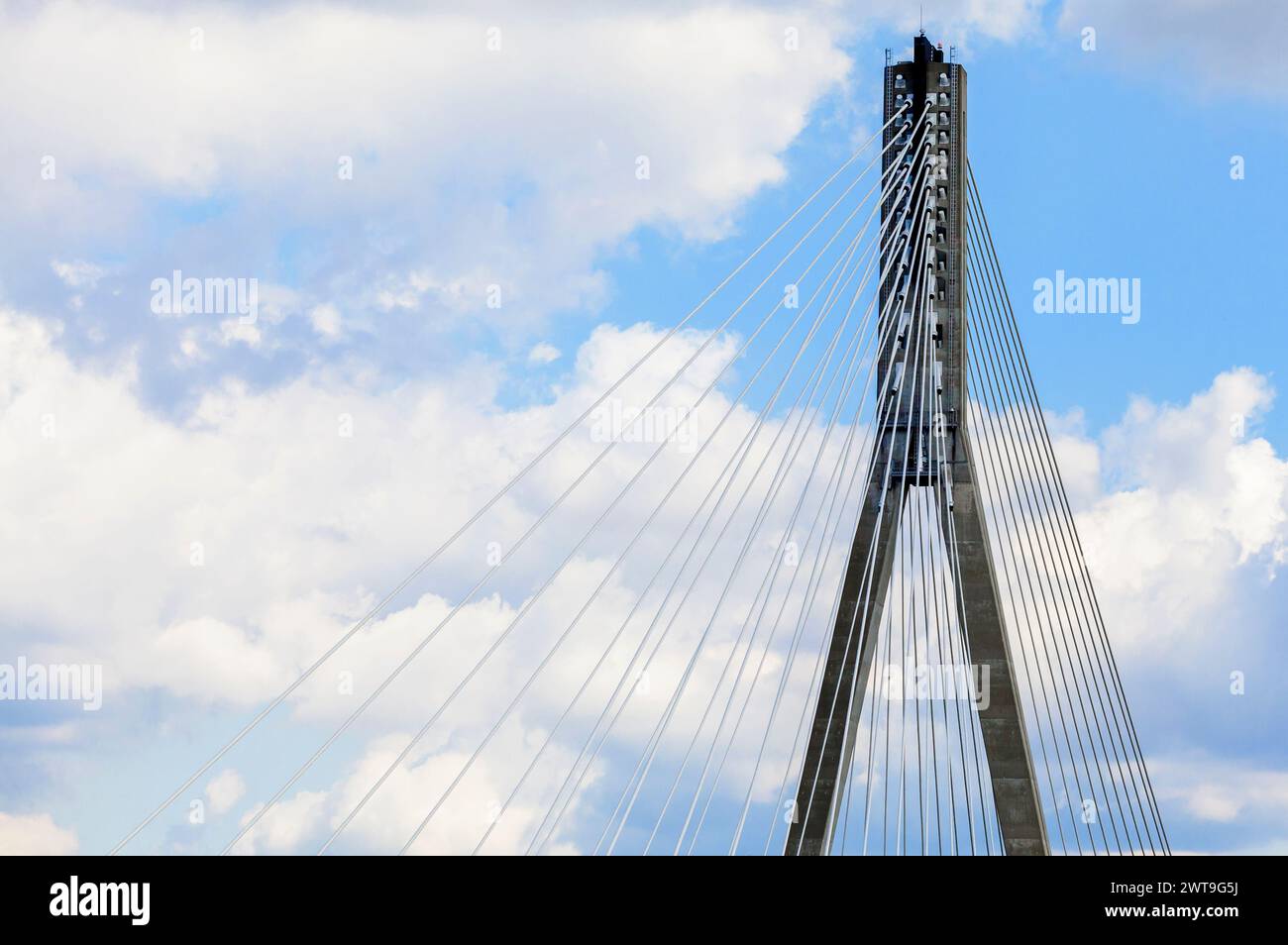 Steel cables of Swietokrzyski bridge over the Vistula river in Warsaw ...