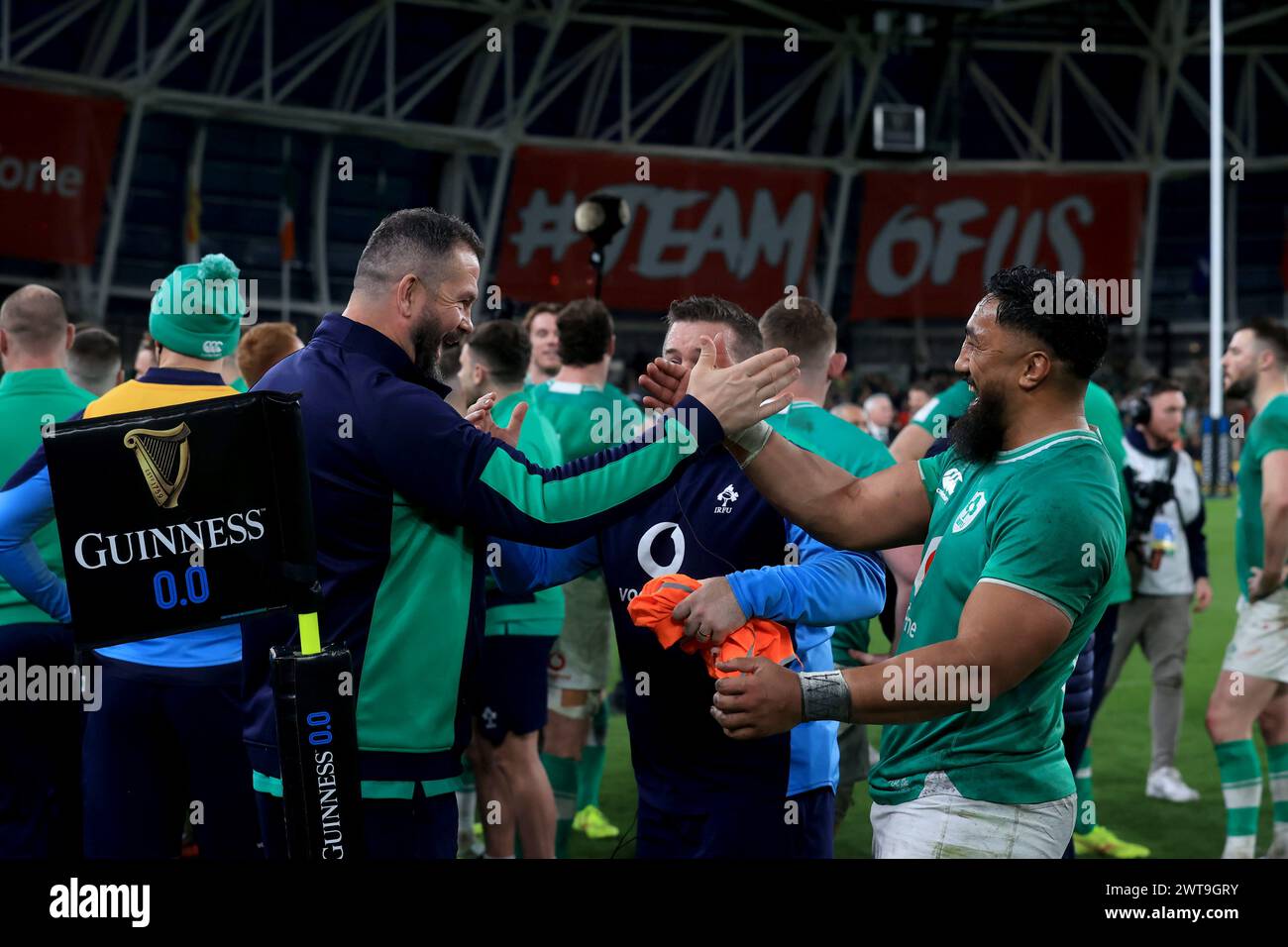 Ireland head coach Andy Farrell and Bundee Aki celebrate following the Guinness Six Nations ...