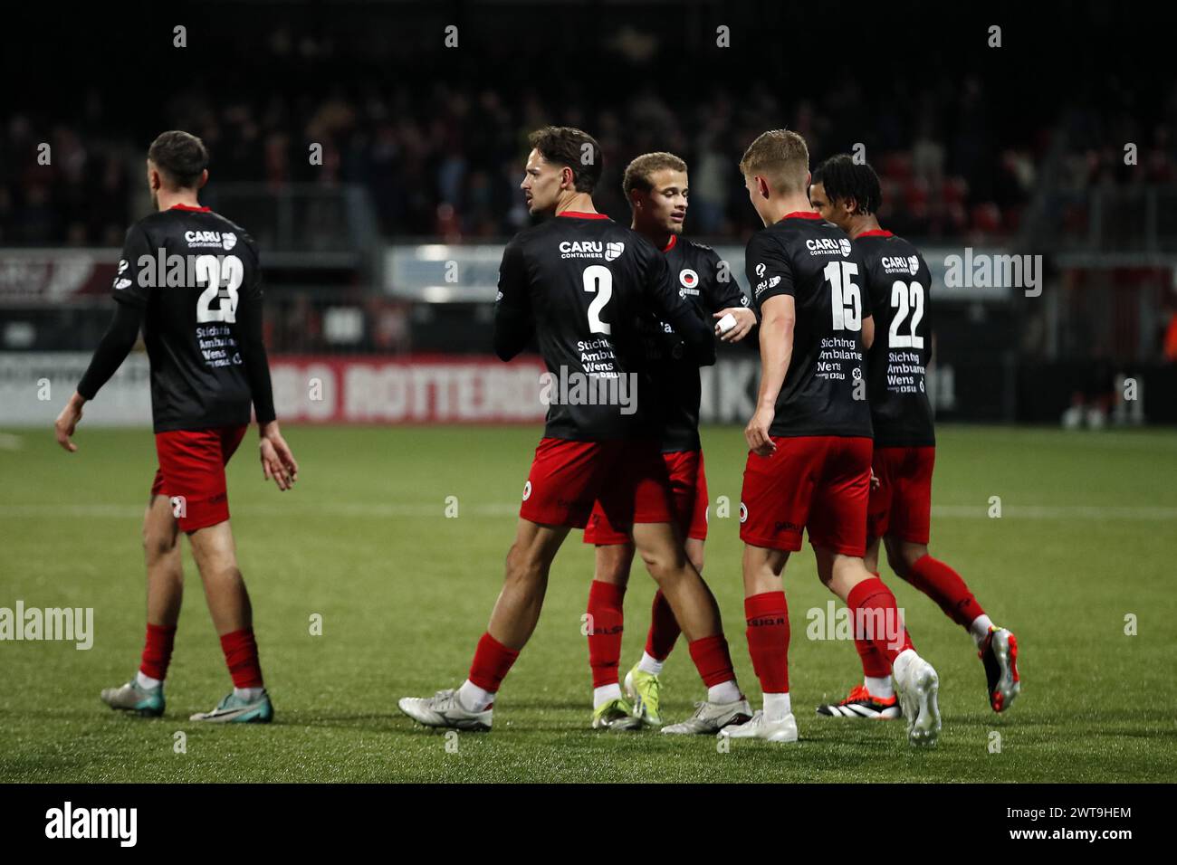 ROTTERDAM - (l-r) Siebe Horemans of sbv Excelsior, Kenzo Goudmijn of sbv Excelsior, Noah Naujoks ...