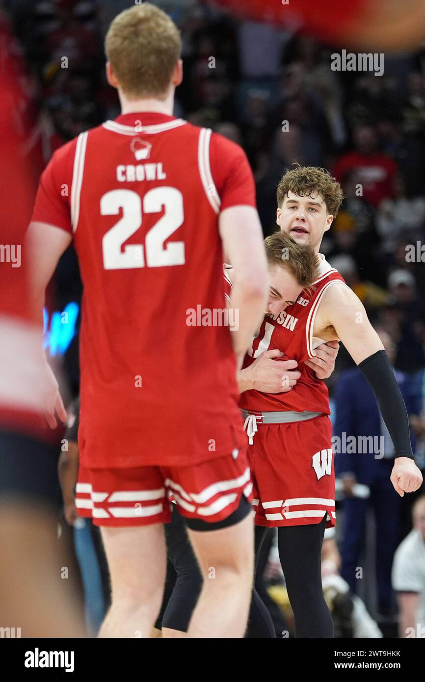 Wisconsin guard Max Klesmit, right, celebrates with forward Tyler Wahl ...