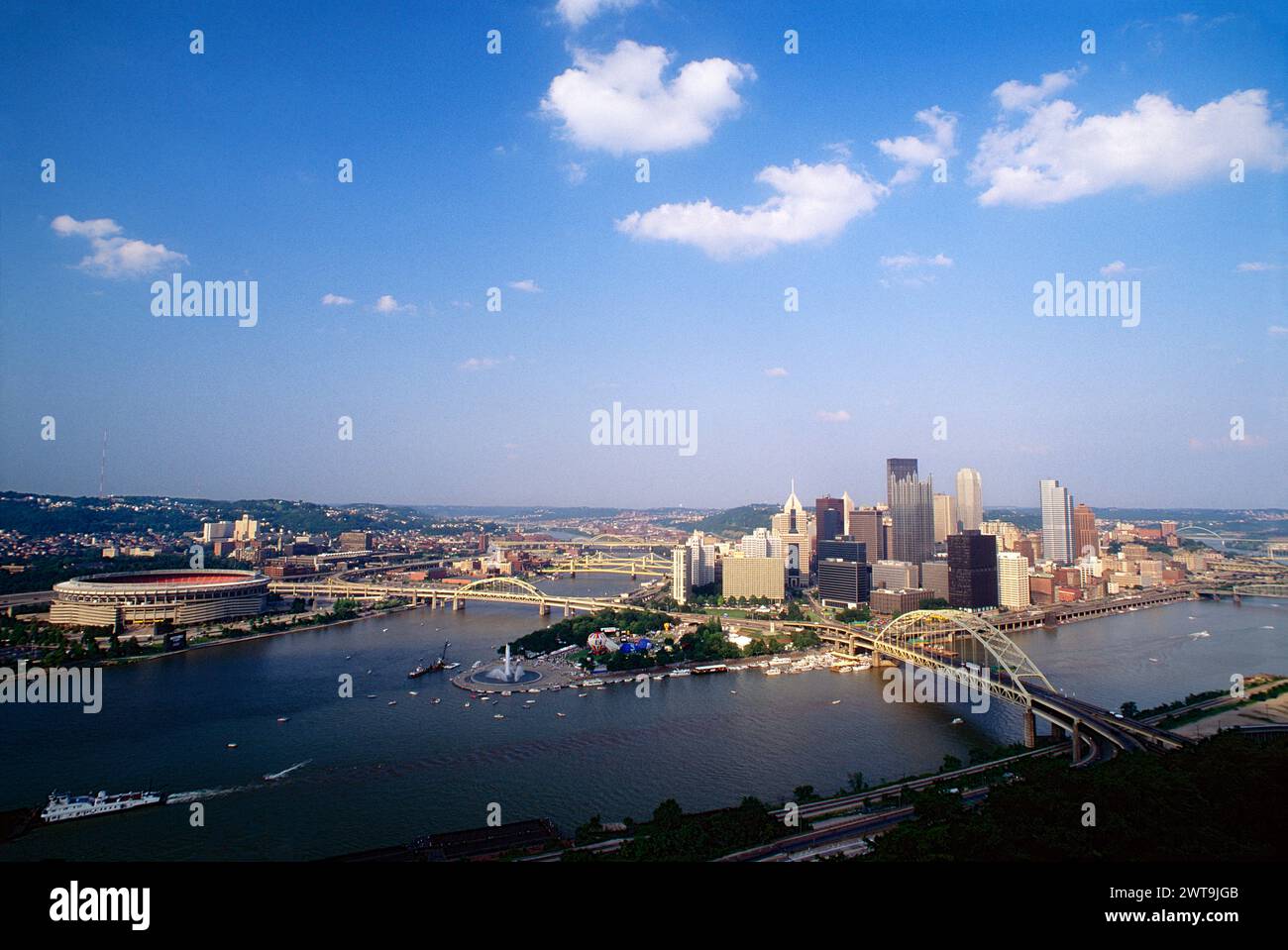 Daytime view of Pittsburgh skyscrapers; Three Rivers Stadium; from Mt ...