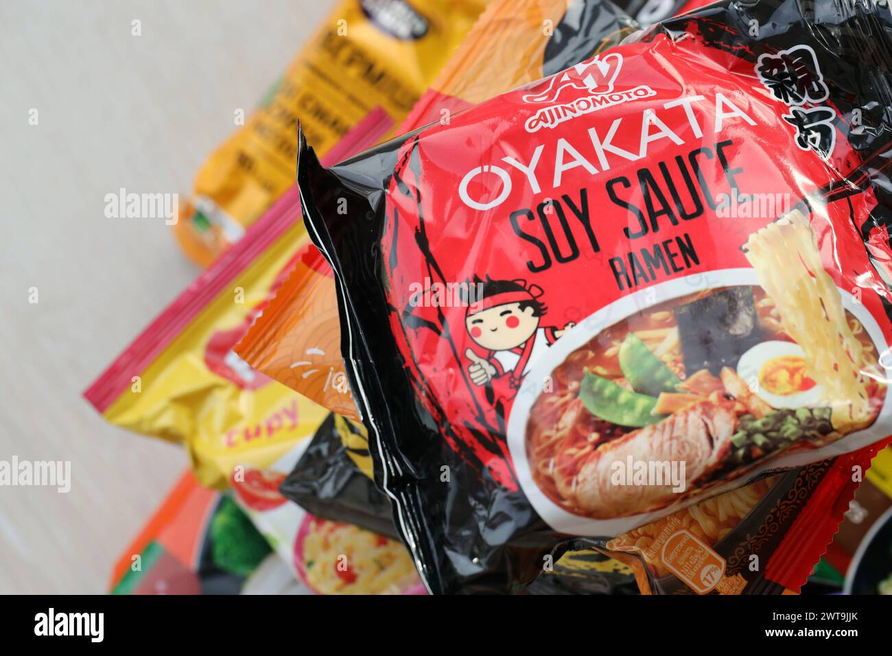 KYIV, UKRAINE - OCTOBER 31, 2023 Many packs of instant noodles for fast ...