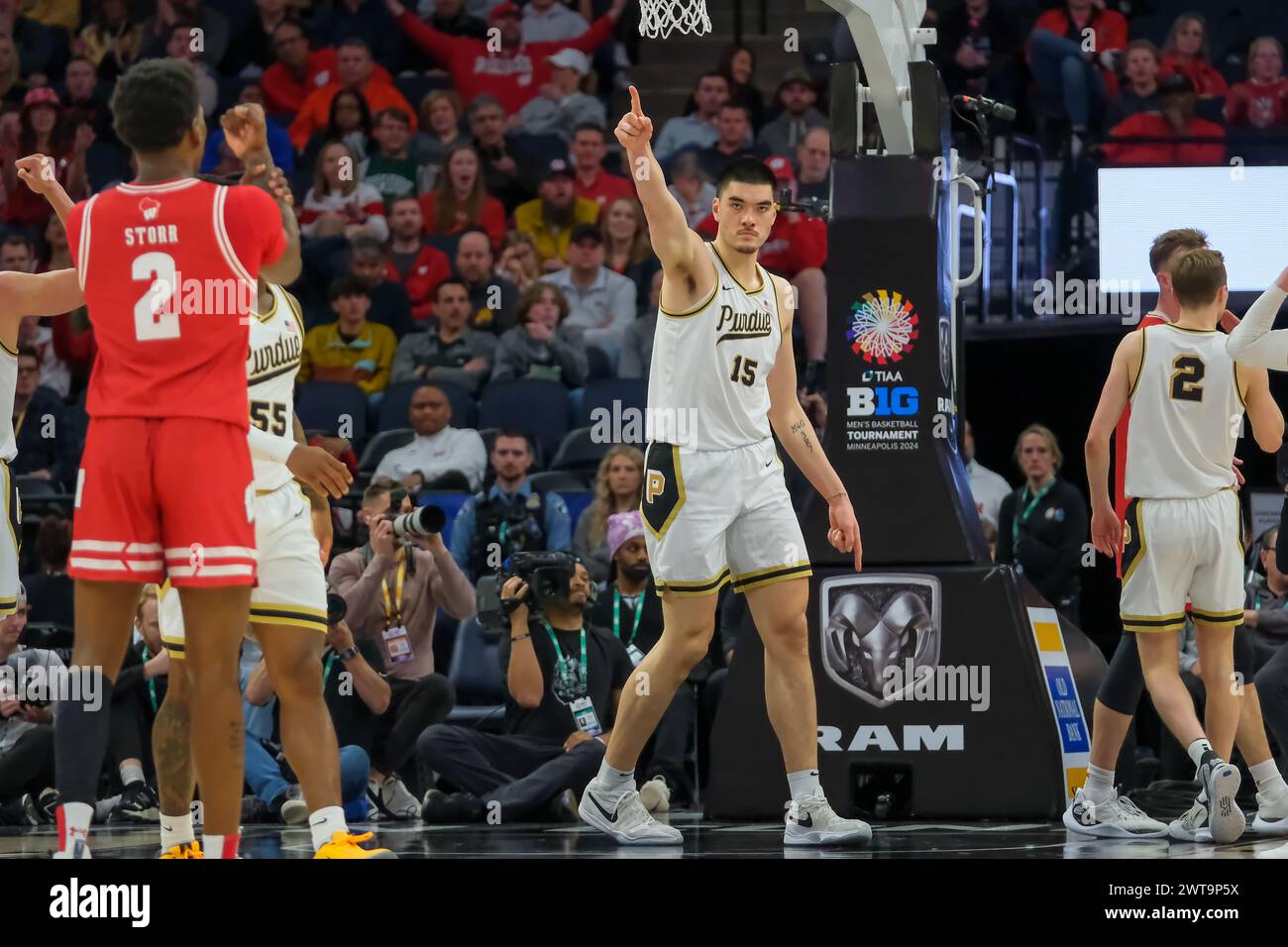 Minneapolis, Minnesota, USA. 16th Mar, 2024. Purdue Boilermakers center ZACH EDEY (15) reacts ...