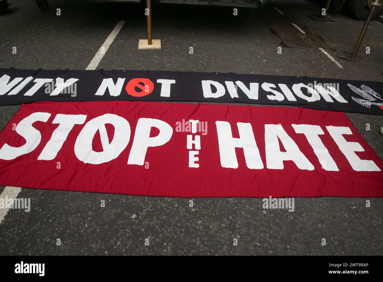 London, UK. 16th Mar, 2024. Large banners lie on the floor outside Home ...
