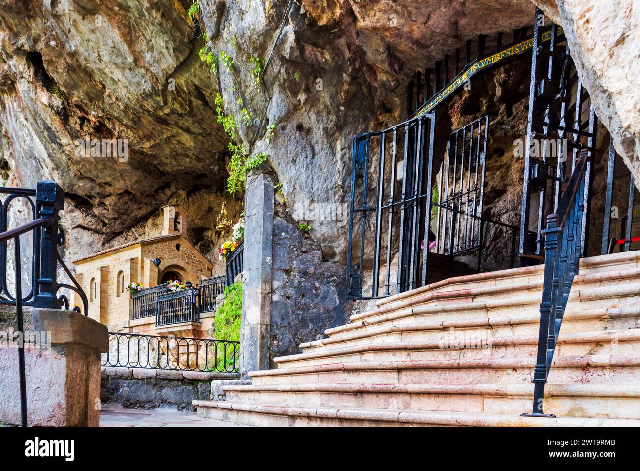 Entrance stairs to the Holy Cave of Covadonga and its chapel, which ...