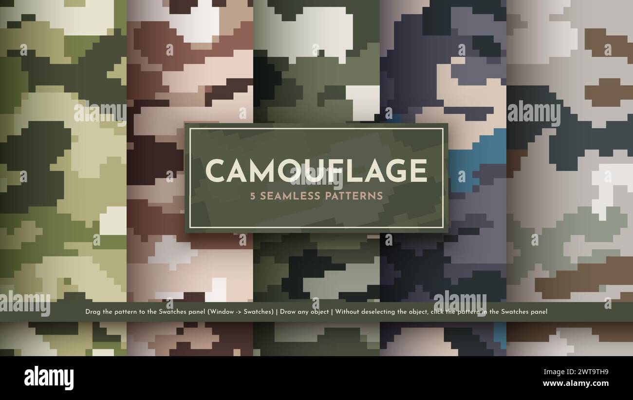 Set 5 Seamless Pixel Camouflage Patterns. War Illustration. Traditional ...
