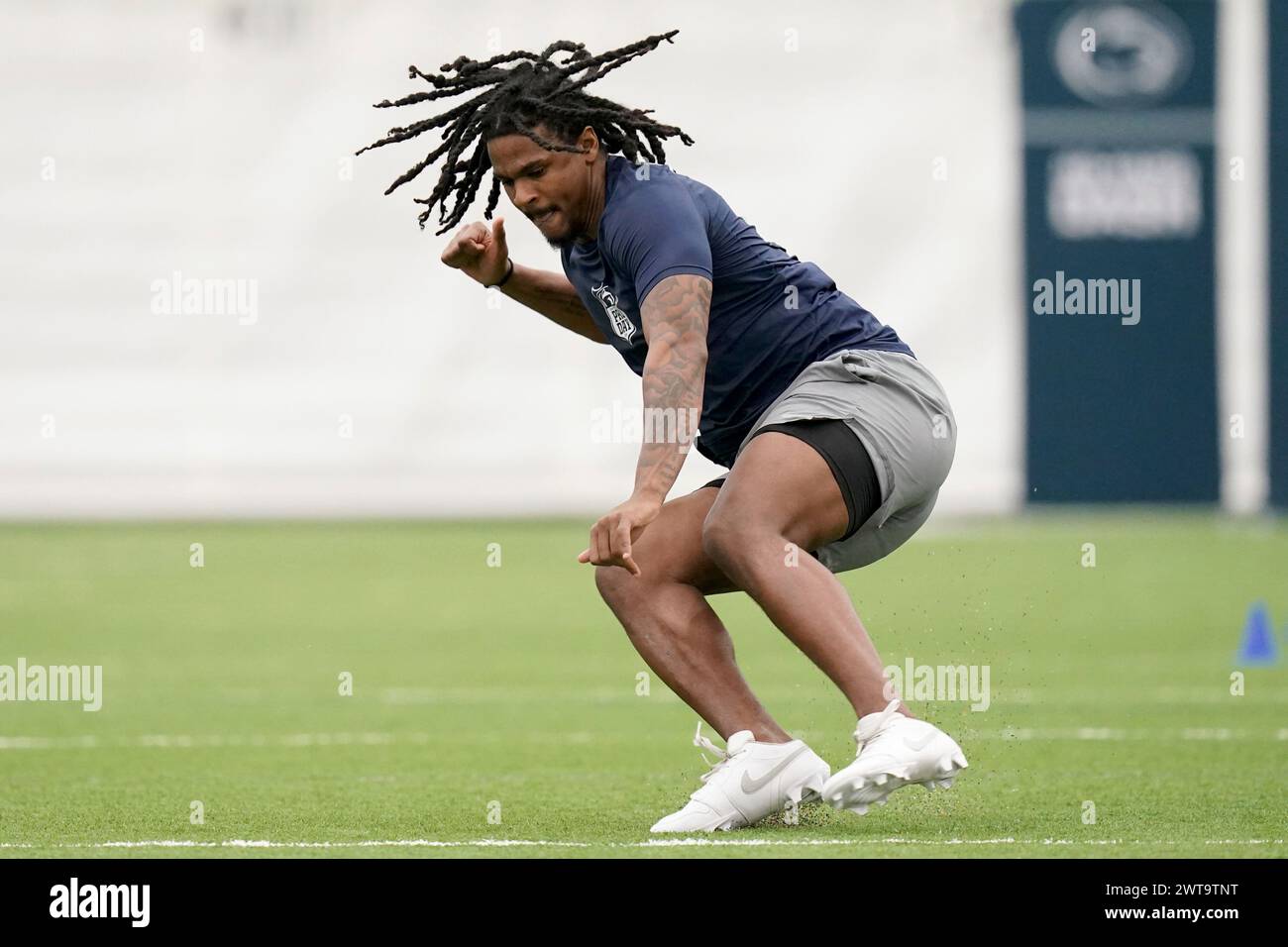 Penn State linebacker Curtis Jacobs runs a drill during the NCAA ...