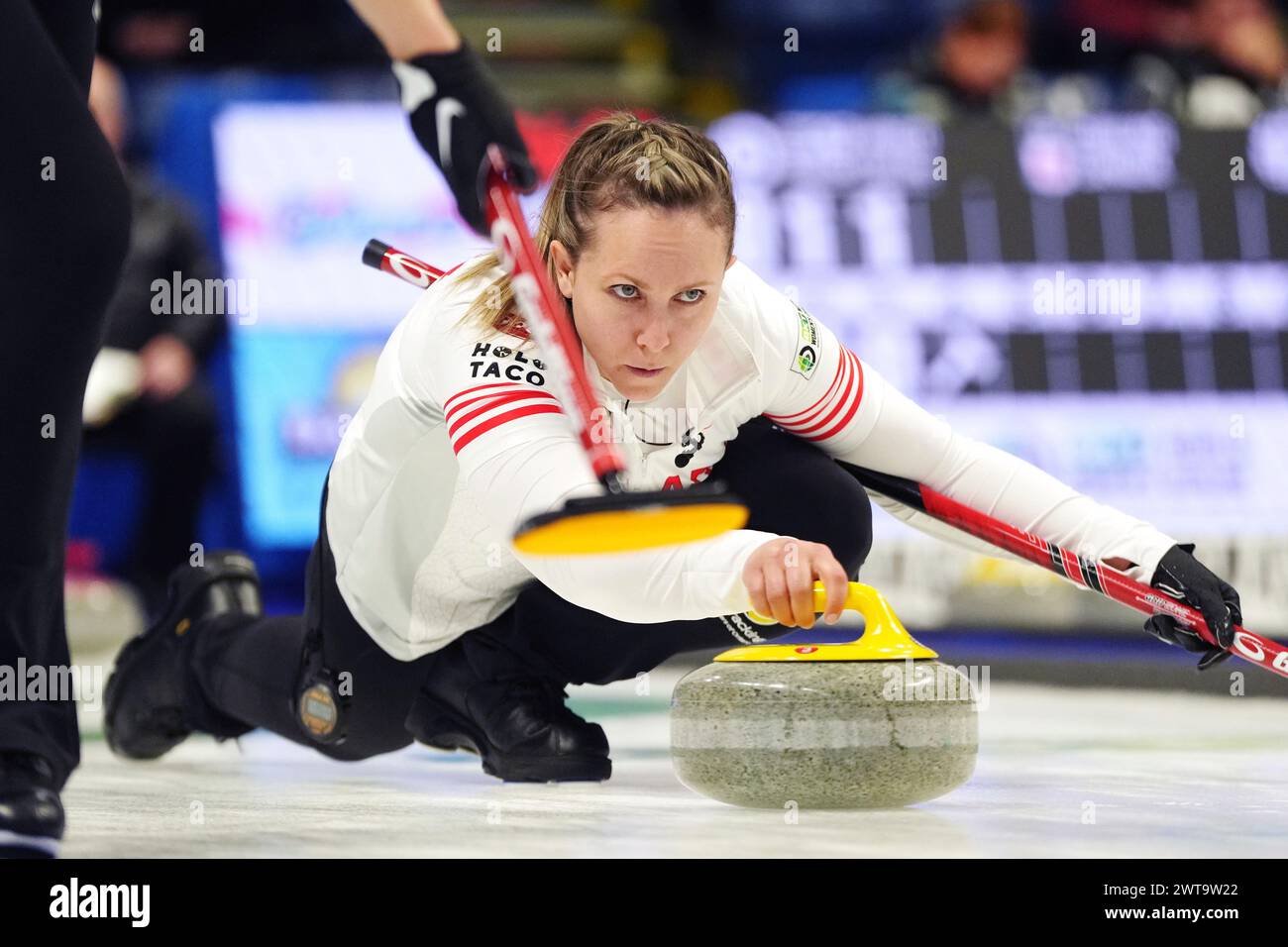 Canada's skip Rachel Homan delivers a rock during the women's curling ...