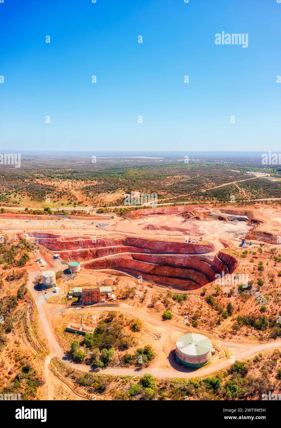 Cobar town copper open pit mine in NSW of Australia - aerial vertical ...