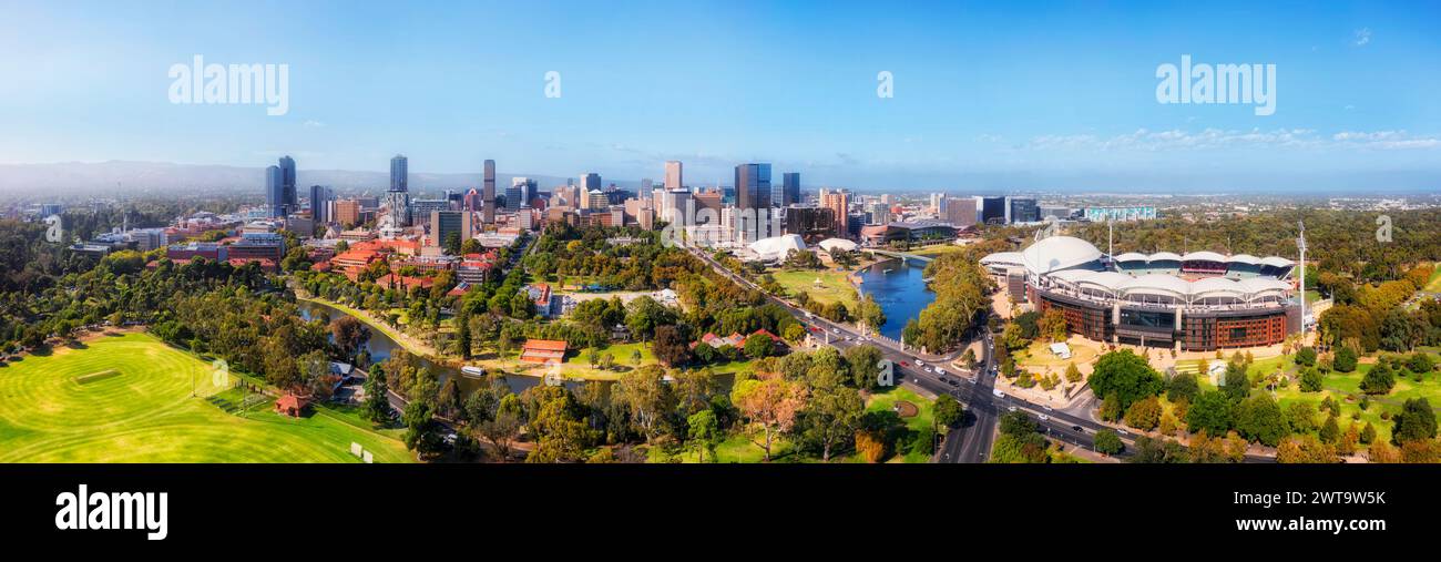 Aerial panoramic skyline of Adelaide city in South Australia on Torrens ...