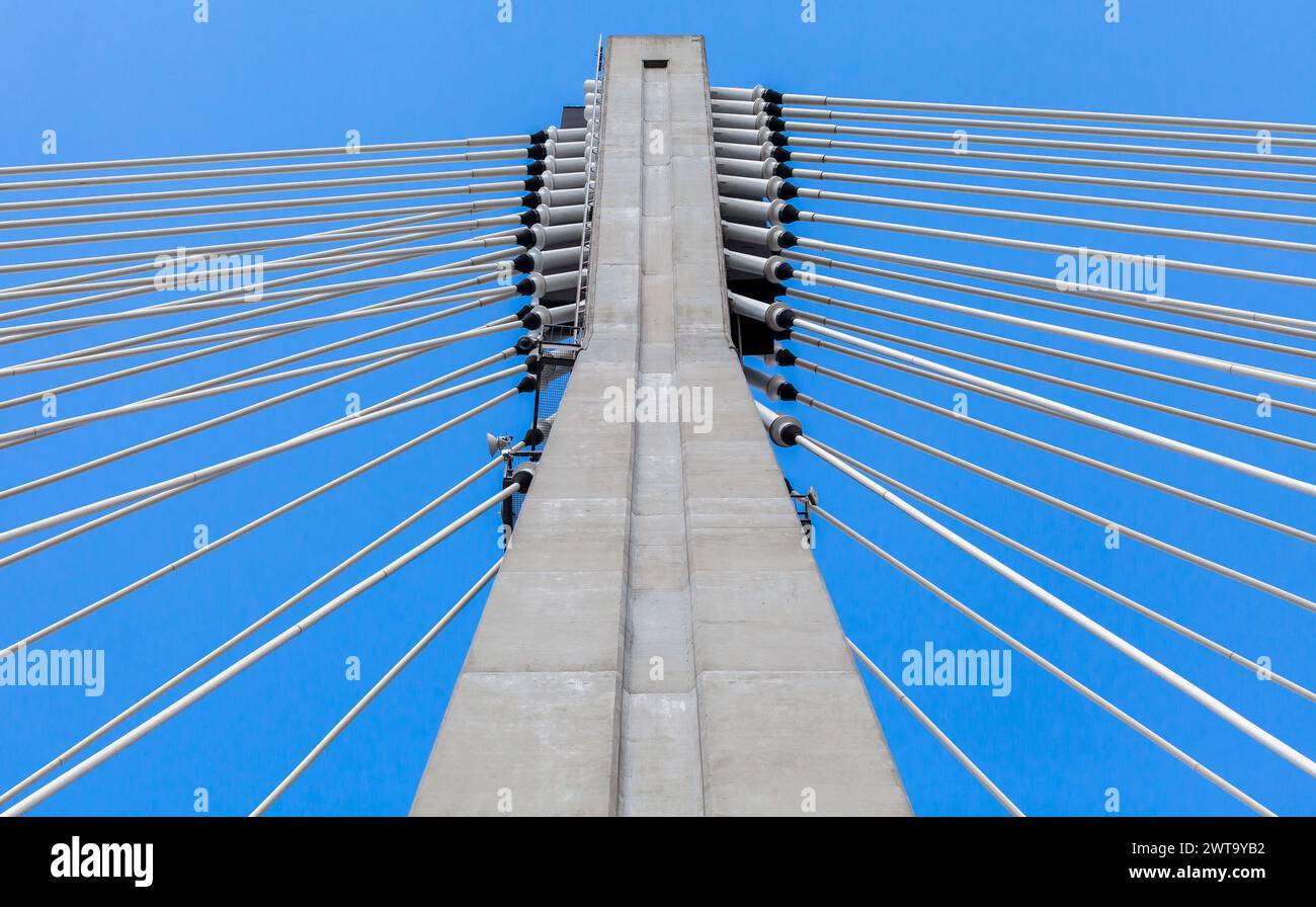 Steel cables of Swietokrzyski bridge over the Vistula river in Warsaw ...