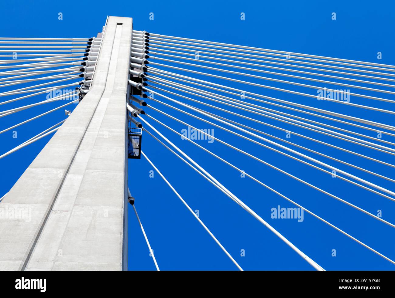 Steel cables of Swietokrzyski bridge over the Vistula river in Warsaw ...