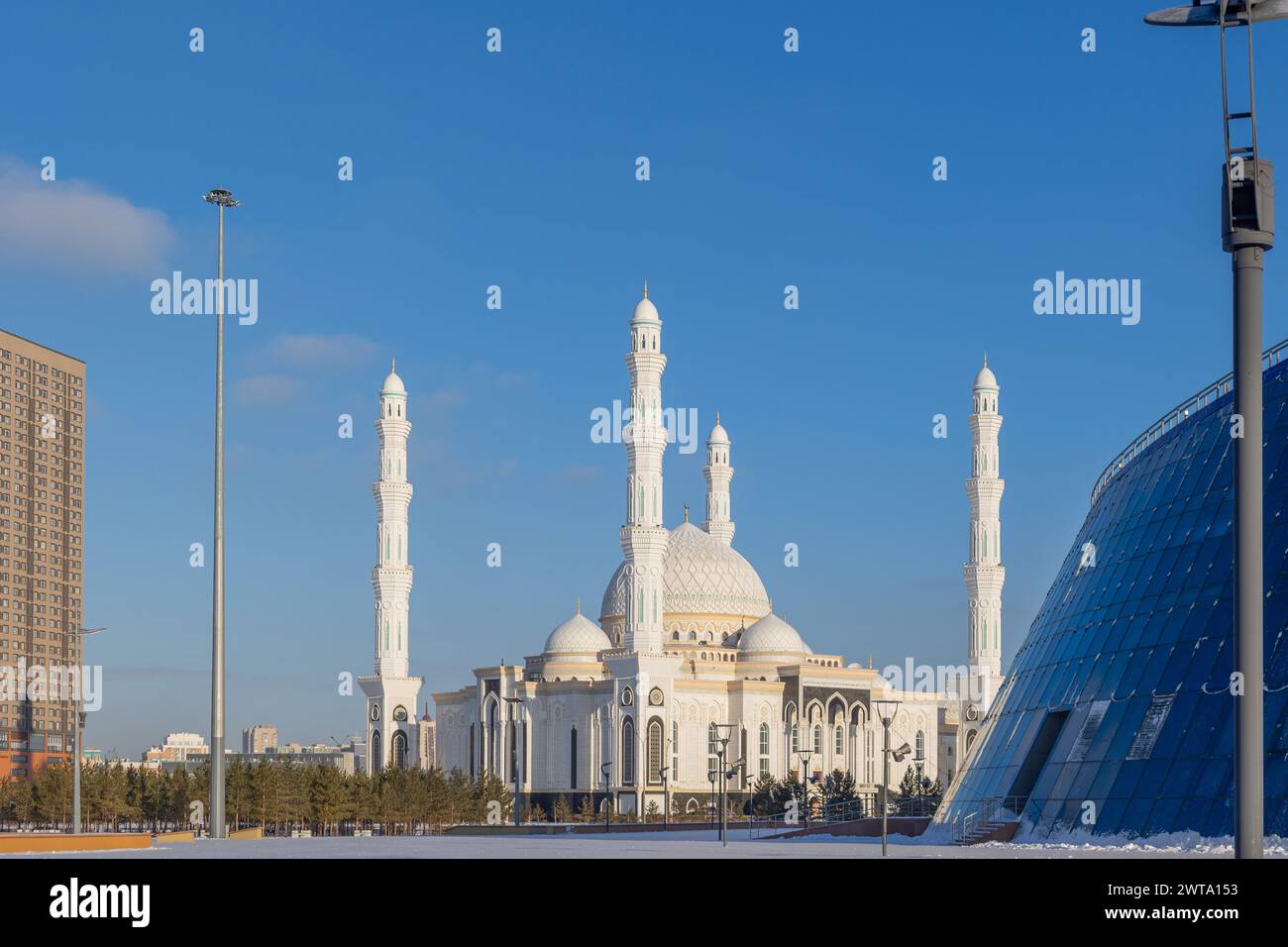 Panoramic view of snow-white modern Hazaret Sultan mosque sunny morning ...