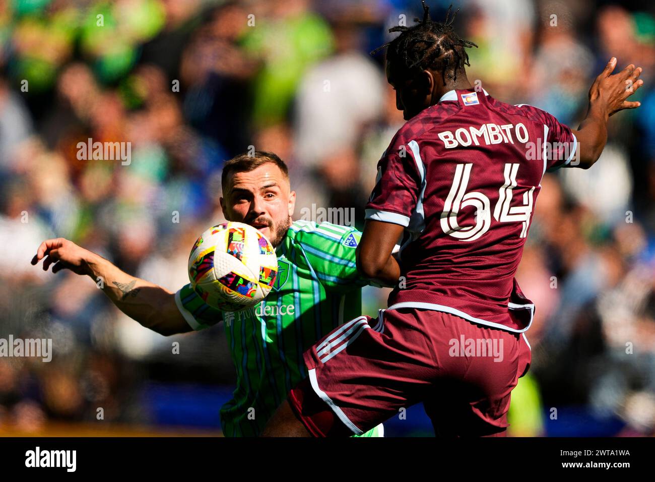 Seattle Sounders forward Jordan Morris (13) goes up for the ball ...