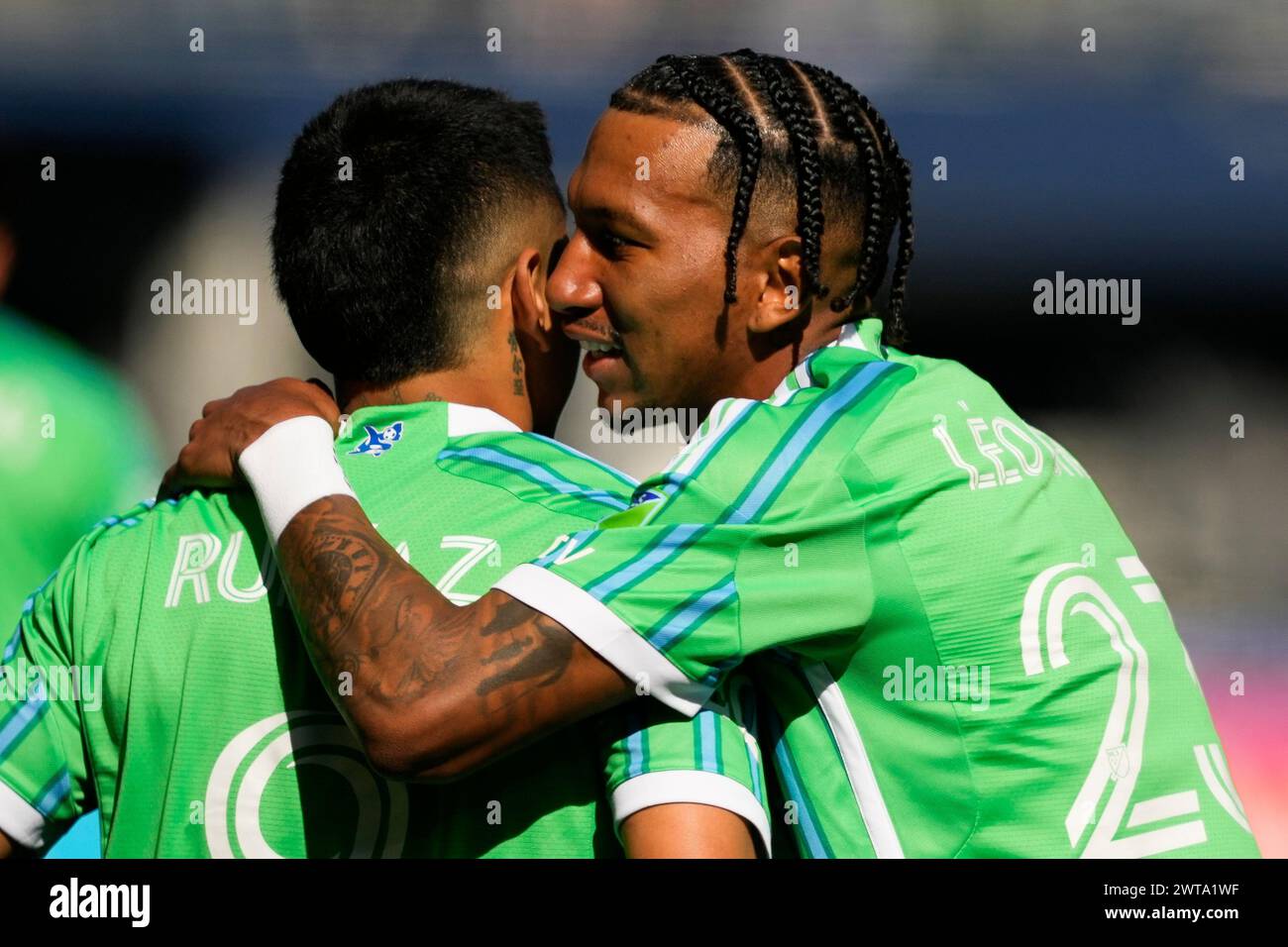 Seattle Sounders forward Raul Ruidiaz (9) is hugged by midfielder Leo ...
