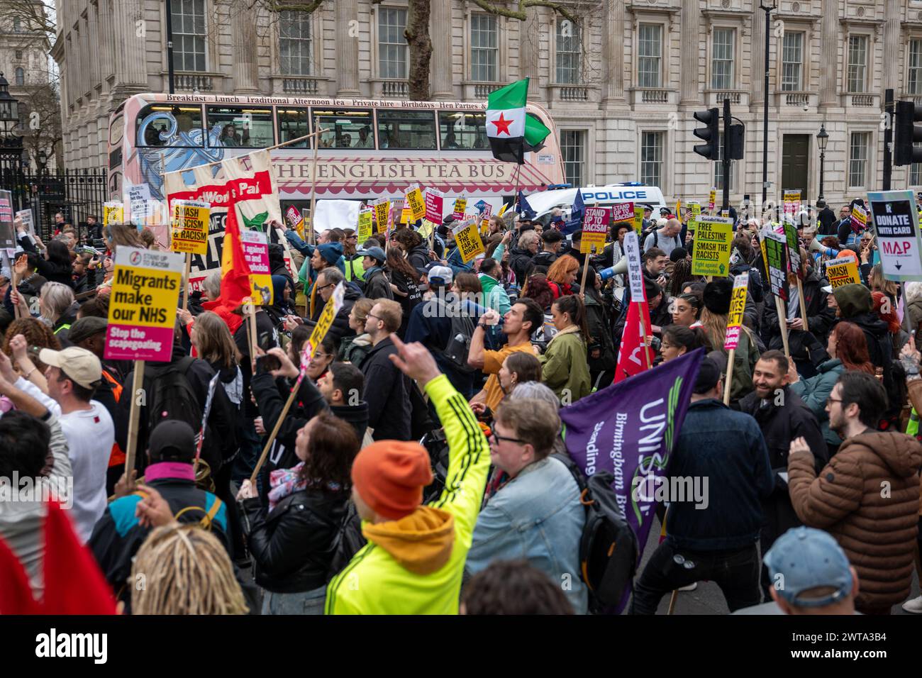 London / UK. 16 March 2024. Hundreds of people gathered outside Downing ...