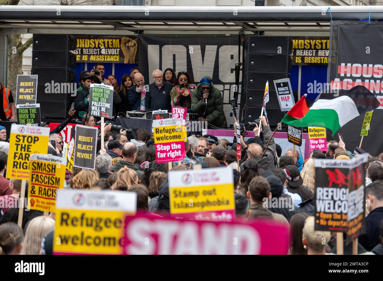 London / UK. 16 March 2024. Jeremy Corbyn addresses hundreds of people ...
