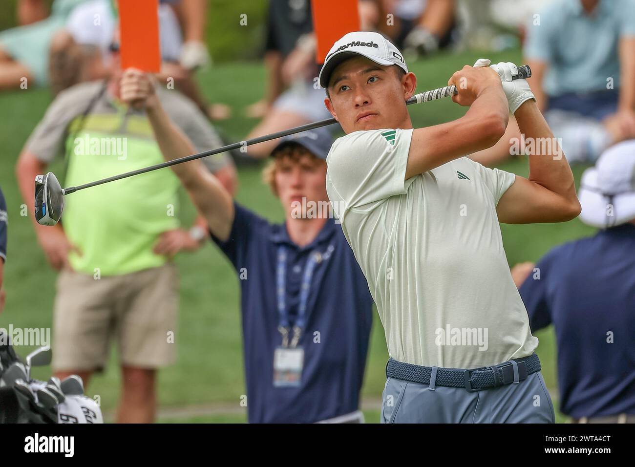 Ponte Vedra, FL, USA. 16th Mar, 2024. Collin Morikawa hits his tee shot ...