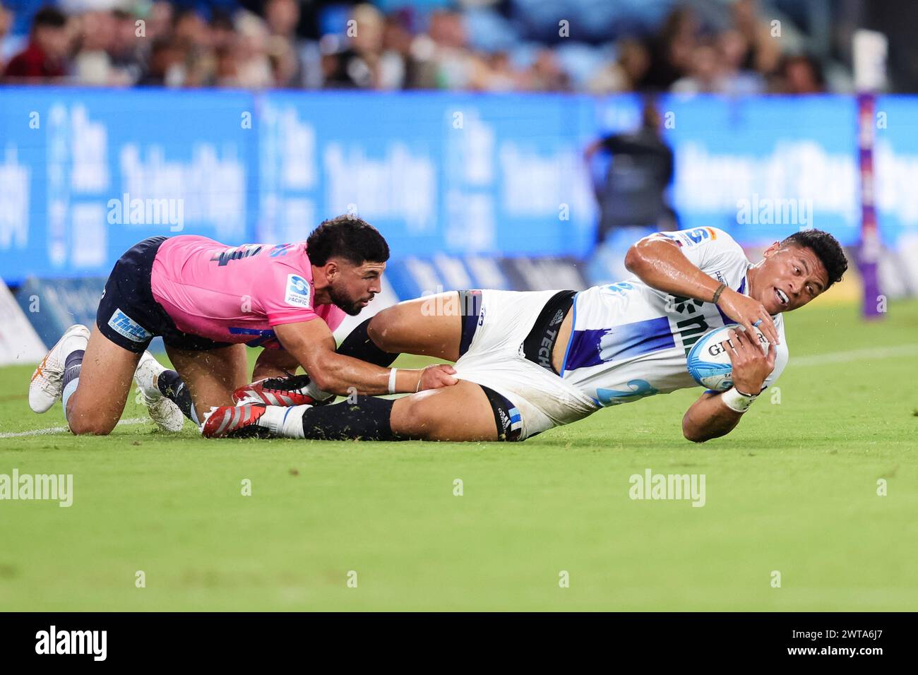 Sydney, Australia, 16 March, 2024. Caleb Clarke of the Blues is tackled ...
