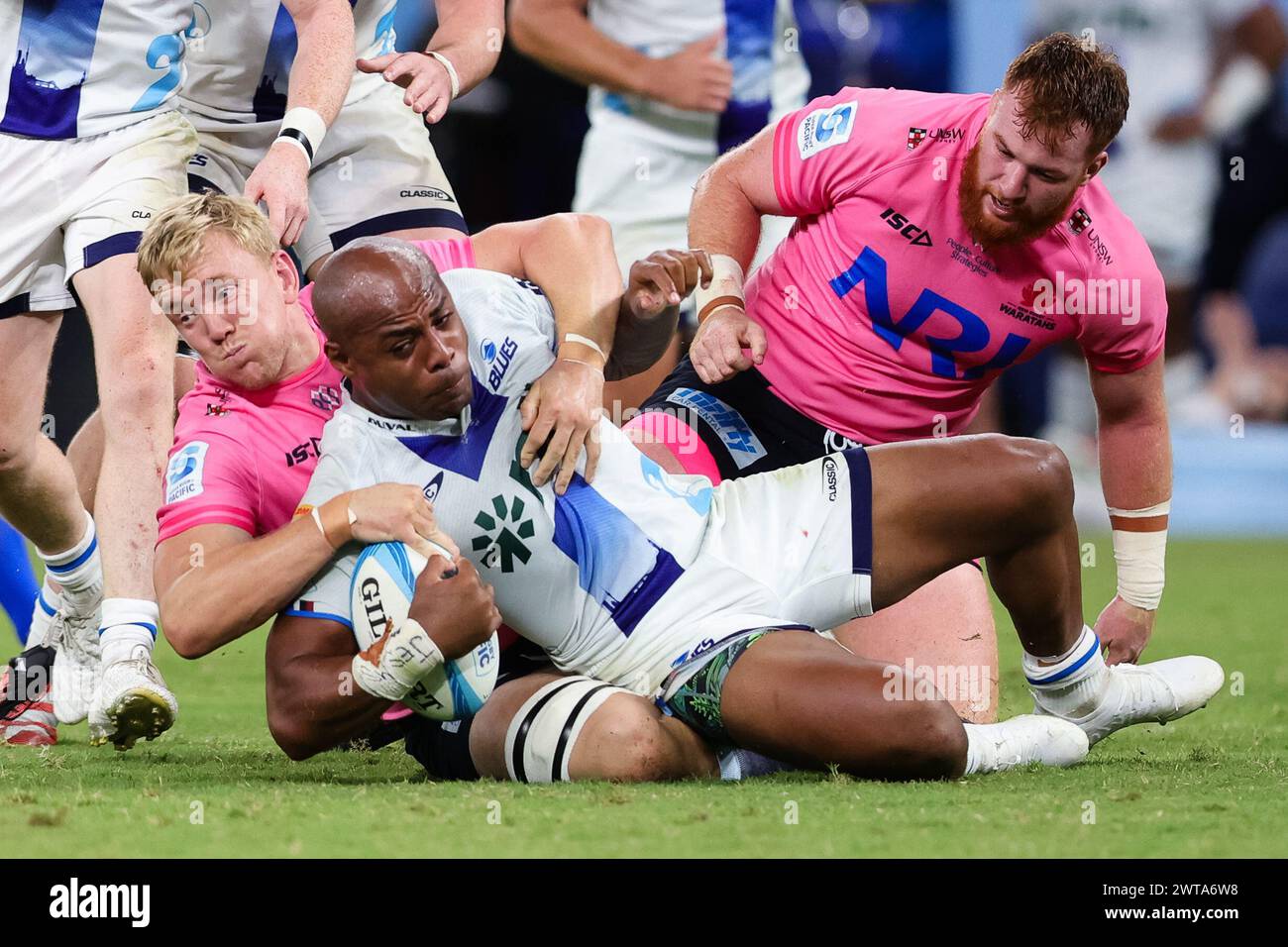 Sydney, Australia, 16 March, 2024. Mark Tele'a of the Blues is tackled ...