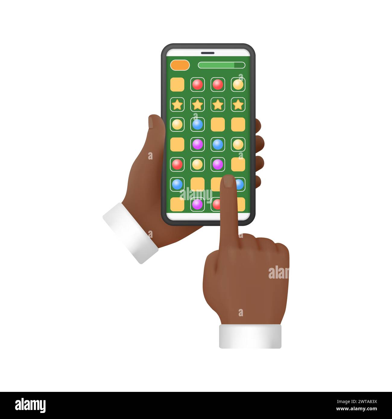 3D hands of man touching screen of smartphone with icons of different ...