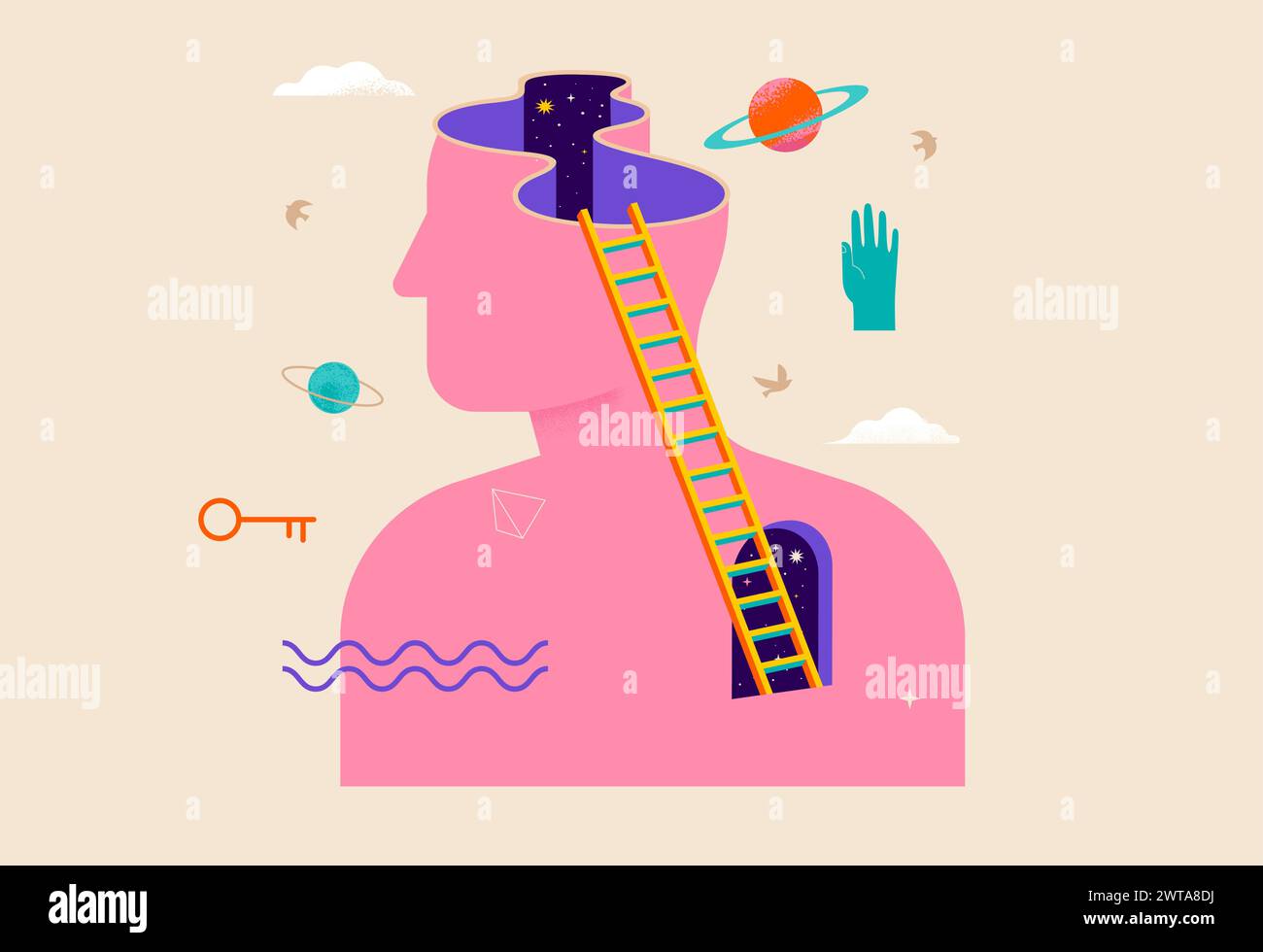 Surreal, Psychology, Dream, Mental Health concept illustration. Brain, neuroscience and creative ...