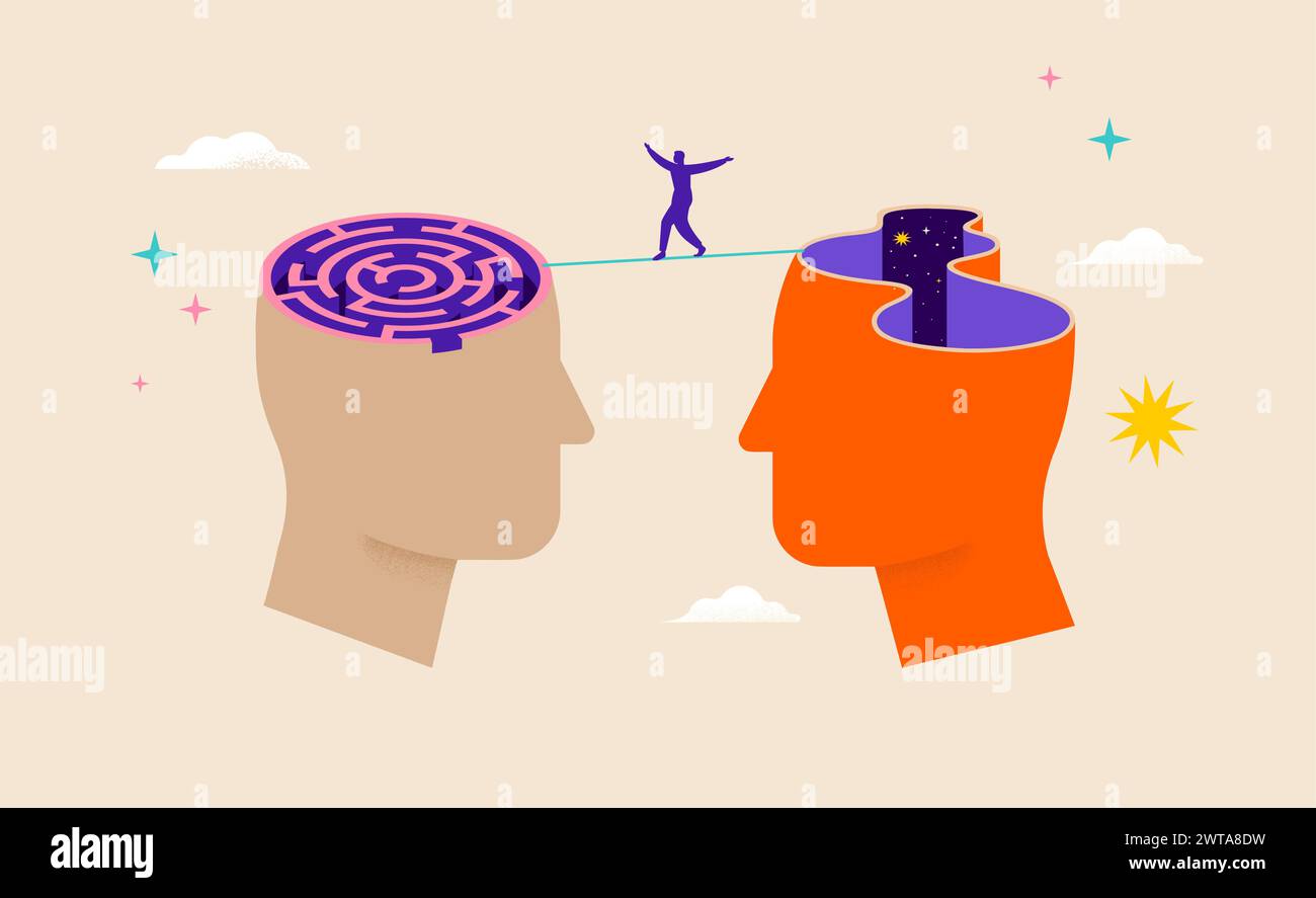 Two human heads with tightrope walking man. Surreal, Psychology, Dream ... Two human heads with tightrope walking man. Surreal, Psychology, Dream ...
