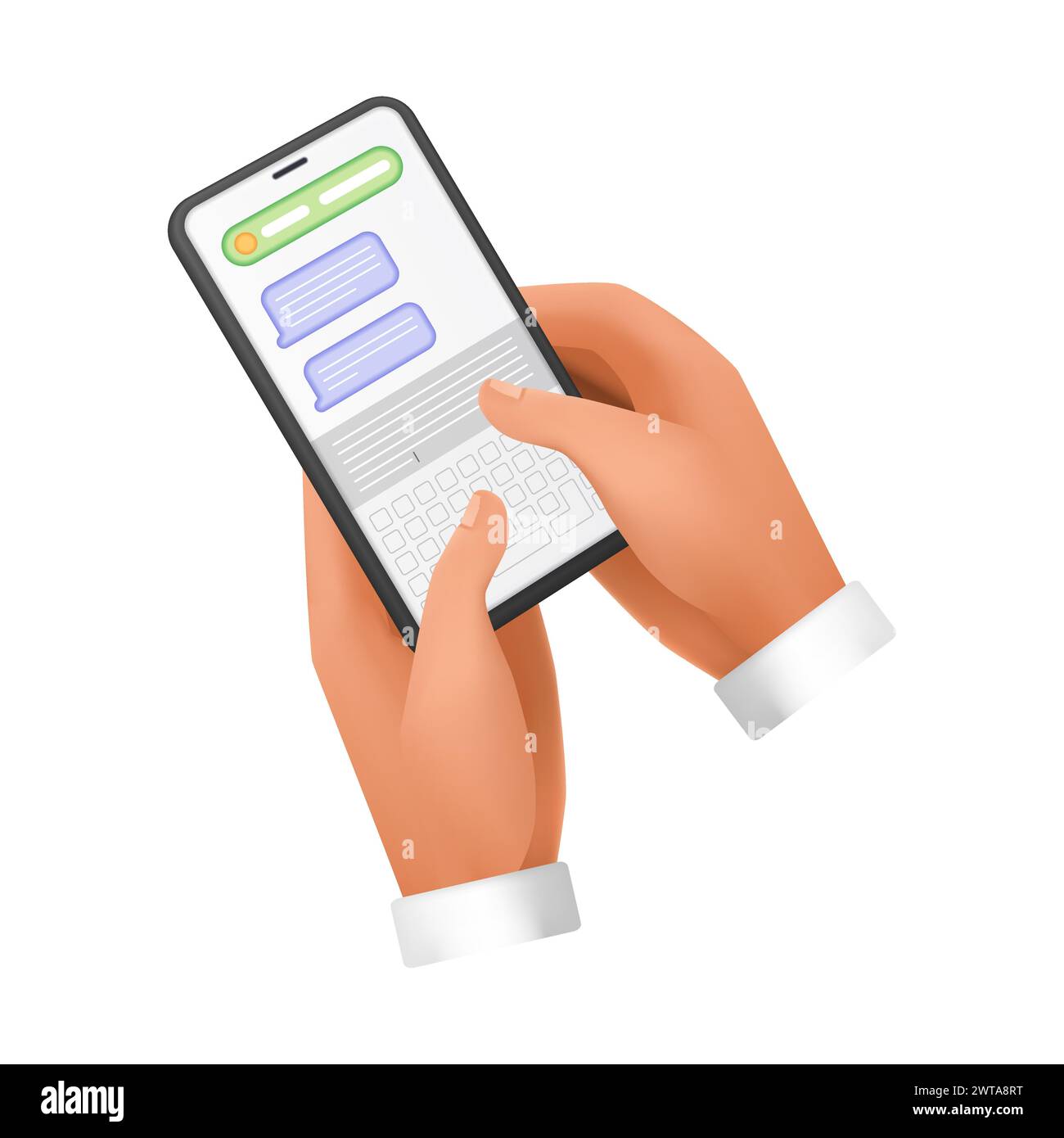 3D male hands holding phone with chat sms on screen, man typing ...