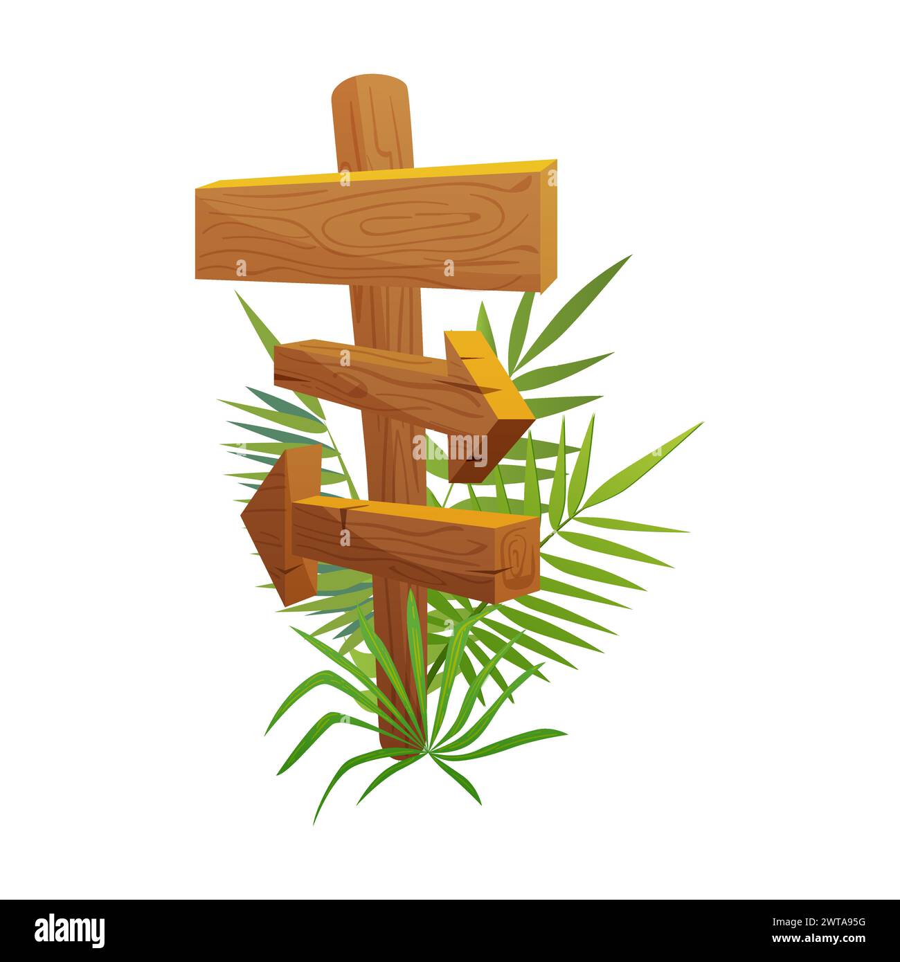Jungle wooden brown signboard with tropical green leaves, stand with ...