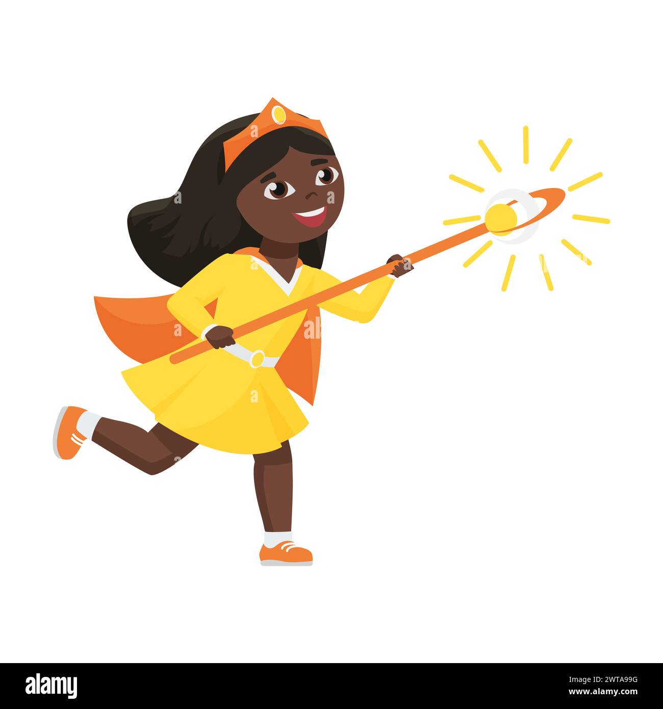 Cute girl in yellow carnival costume of fairy and crown running to play ...