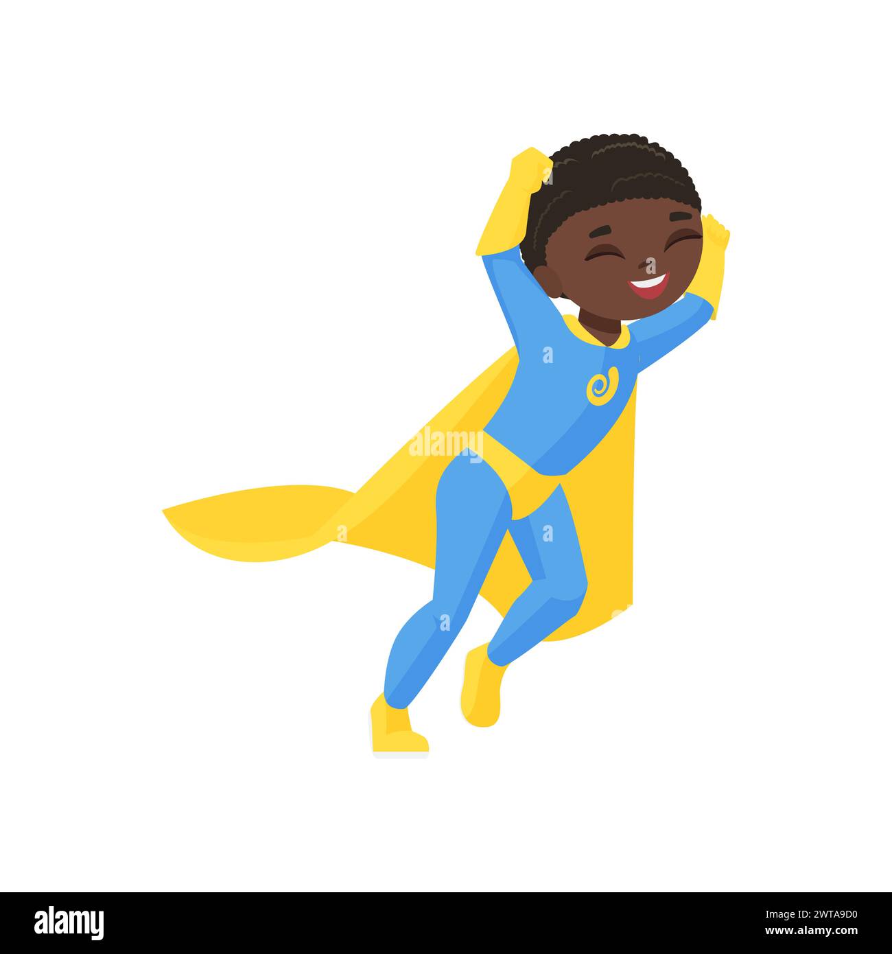 Cute happy boy in blue superhero costume and yellow cape running and ...