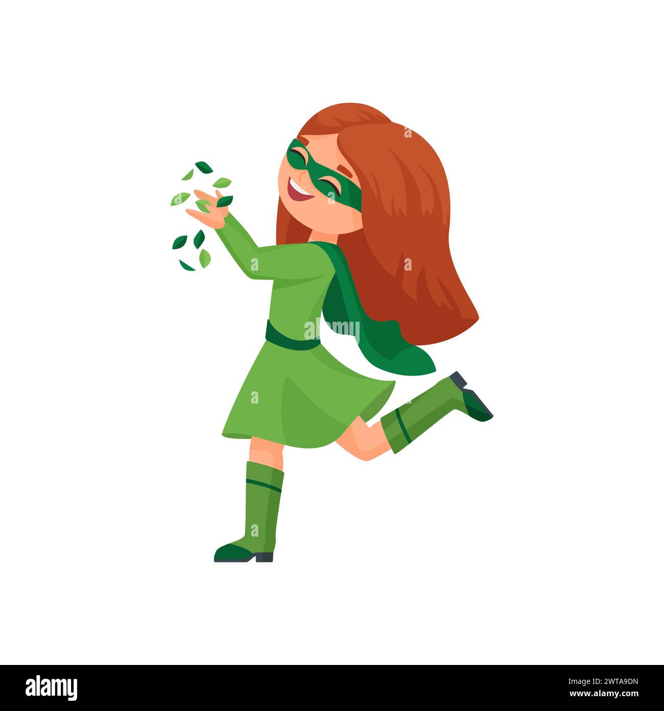 Happy girl in green fairy costume, cloak and mask running, playing with ...