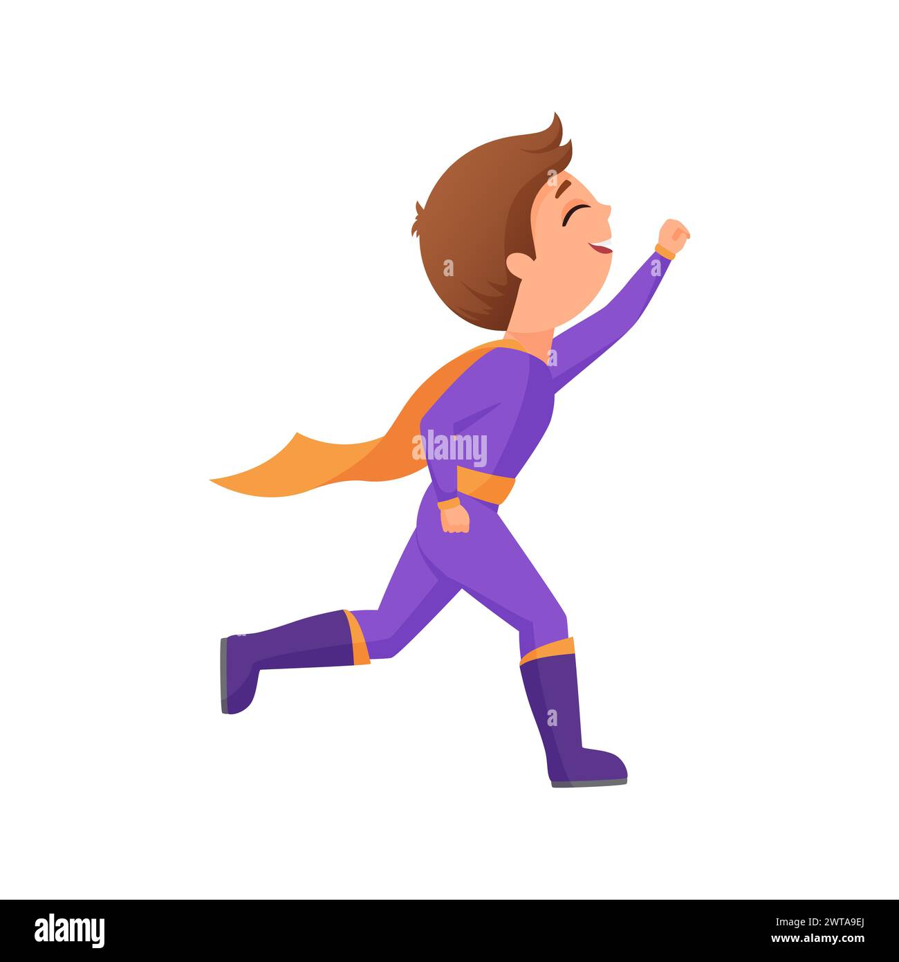 Cute boy in carnival superhero costume and cloak running to play vector ...