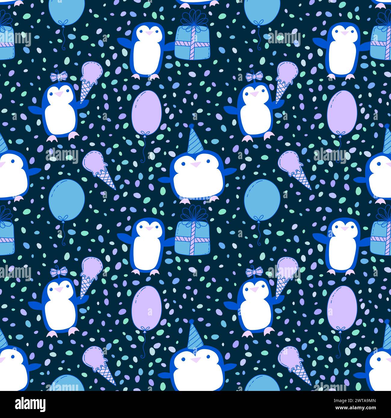 Birthday party animals seamless penguin pattern for wrapping paper and ...