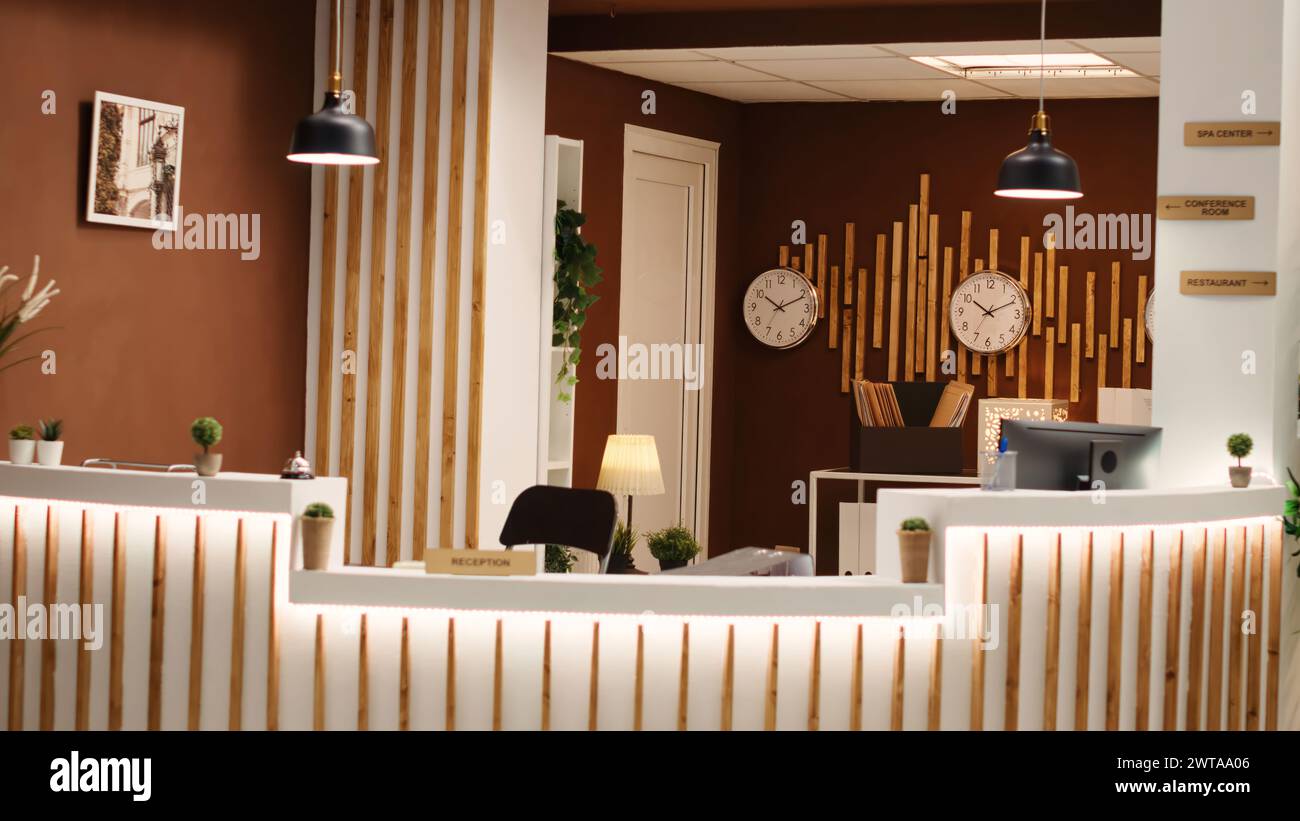 Welcoming travel vacation accommodation reception counter awaiting ...