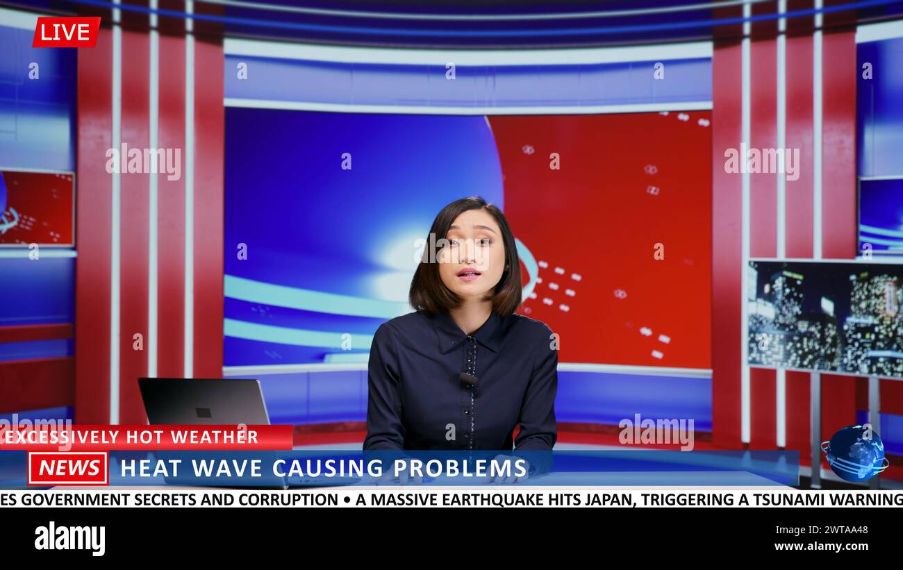 Asian presenter discuss about heat wave dangers and weather issues ...