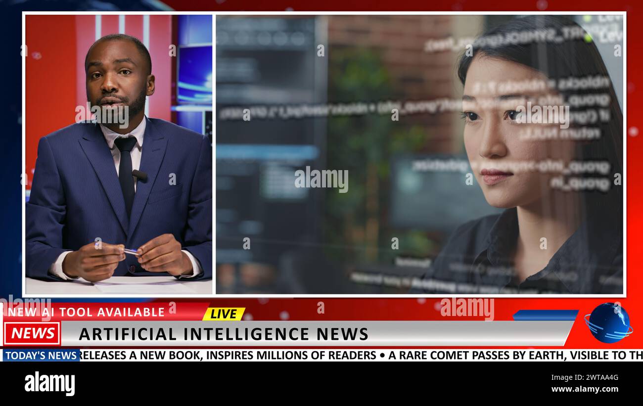 Media host presenting artificial intelligence news on live television ...
