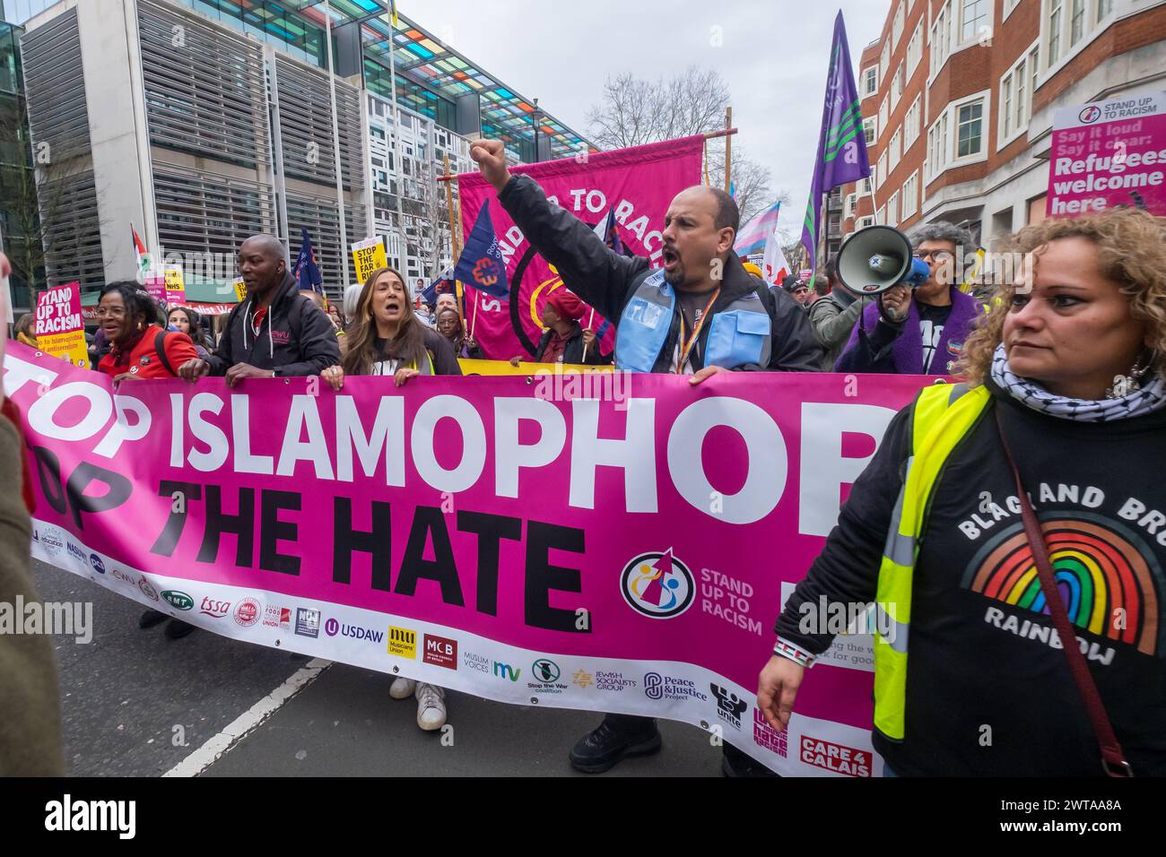 London, UK. 16 March 2024. People march from the UN Anti-Racism Day ...