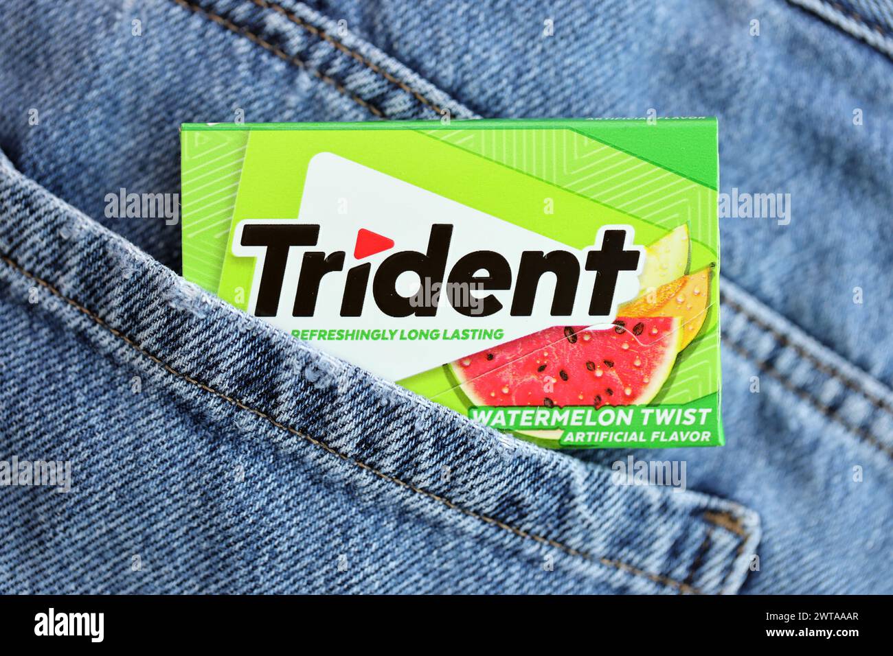 KYIV, UKRAINE - NOVEMBER 27, 2023 Trident chewing gum pack. Trident is ...