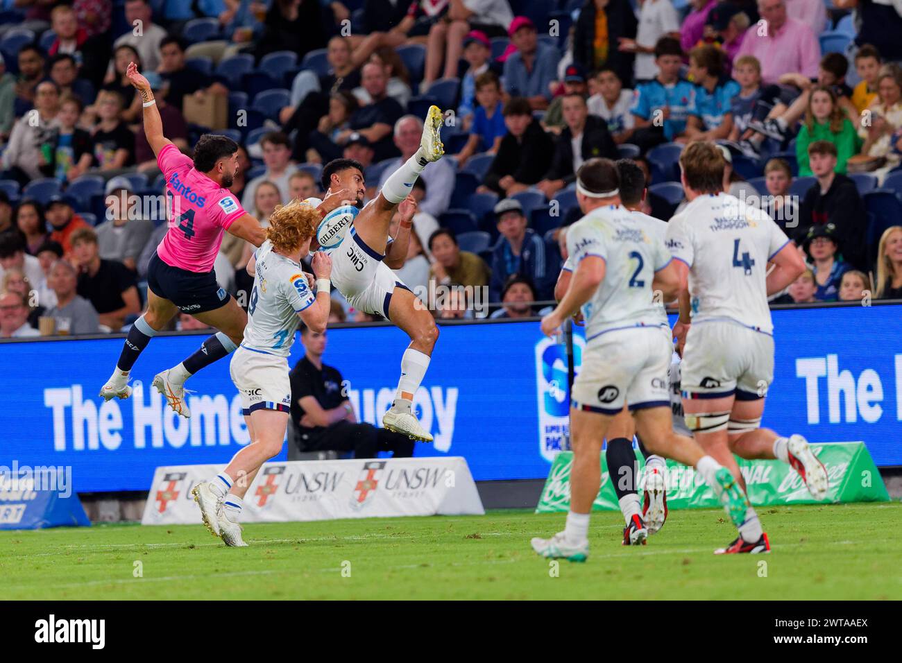 Sydney, Australia. 16th Mar, 2024. Stephen Perofeta of the Blues jumps ...