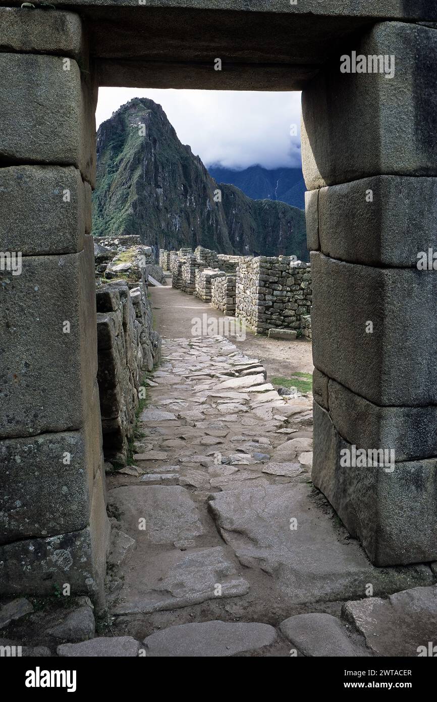 Machu Picchu, Peru - View of Huayna Picchu through the Main Gate Stock ...