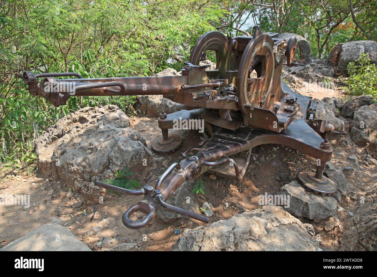 The remains of a Russian Anti Aircraft gun (ZU-23-2) at the top of Mount Phousi - Luang Prabang ...