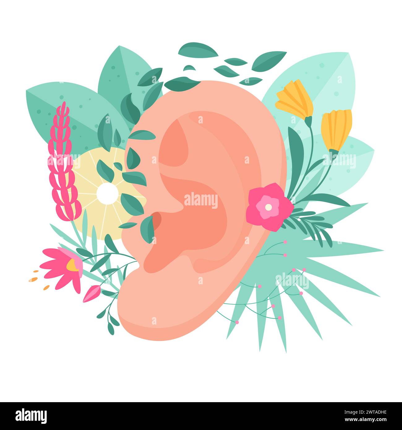 Hearing health care, audiology therapy and wellbeing. Human ear with ...