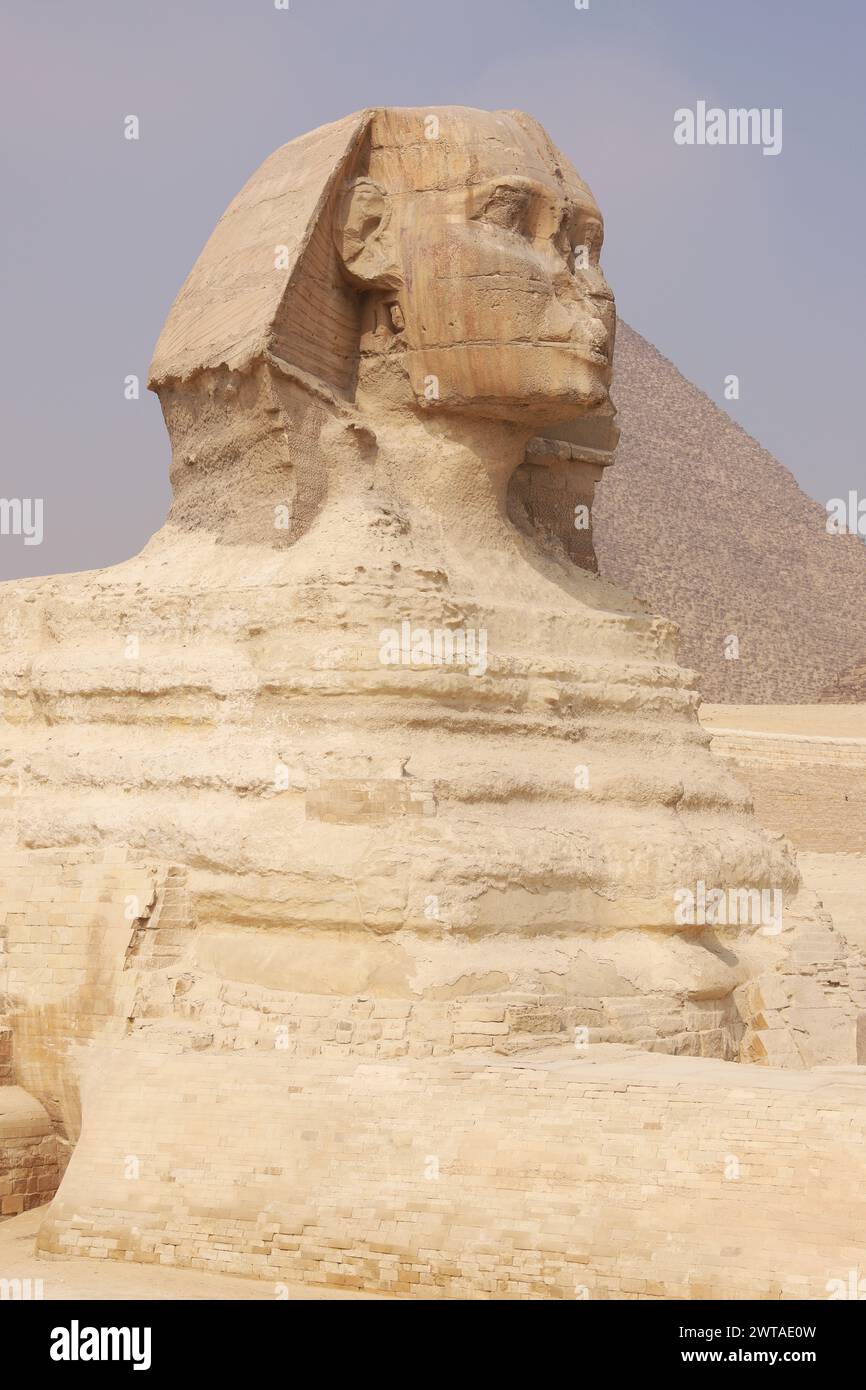 The sphinx with the great pyramid peeking out behind her shoulder. Giza ...