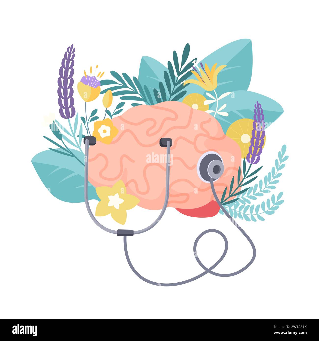 Human brain with summer flowers and leaves, medical stethoscope. Mental ...