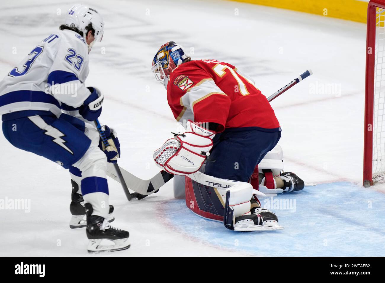 Tampa Bay Lightning center Michael Eyssimont (23) shoots and scores ...
